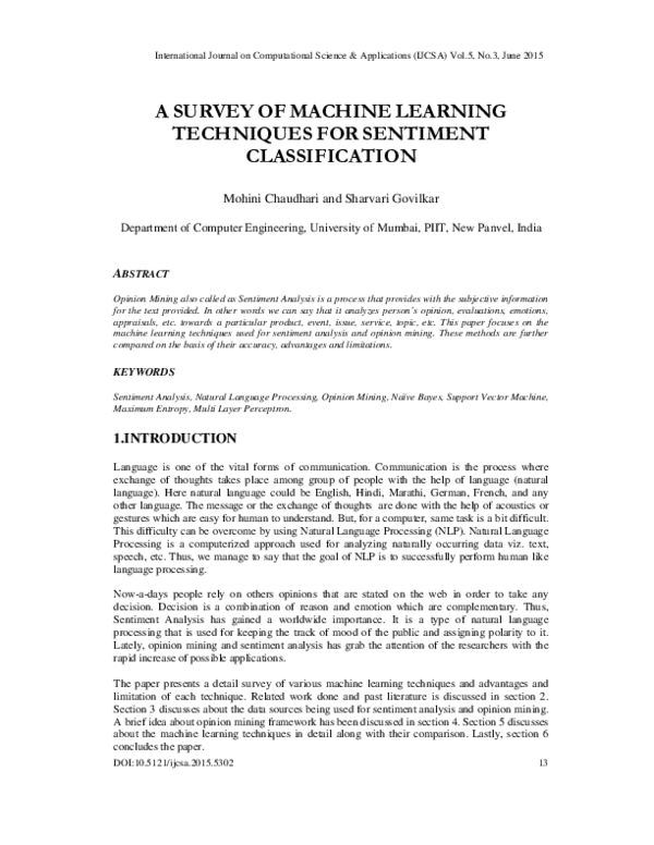 Pdf A Survey Of Machine Learning Techniques For Sentiment Classification