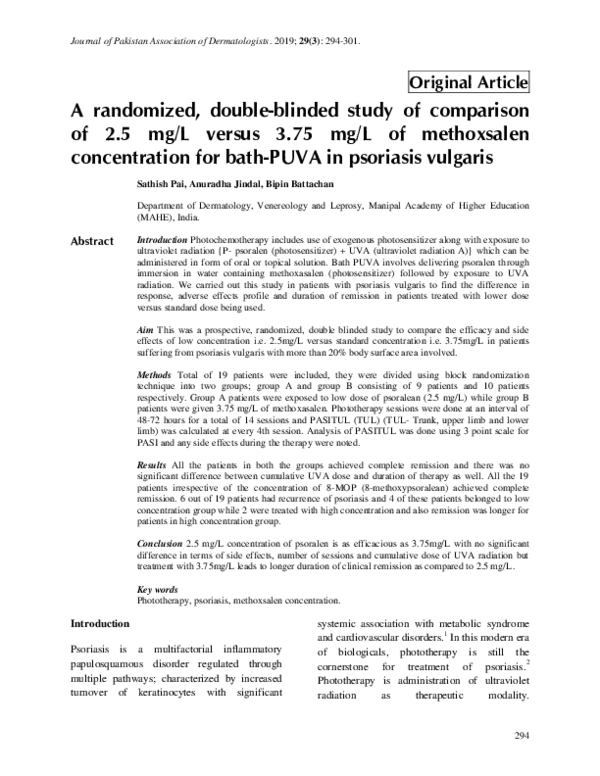 (PDF) Comparing 2.5 mg/L vs. 3.75 mg/L Methoxsalen in Bath-PUVA