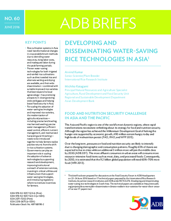 (PDF) Developing and Disseminating Water-Saving Rice Technologies in Asia