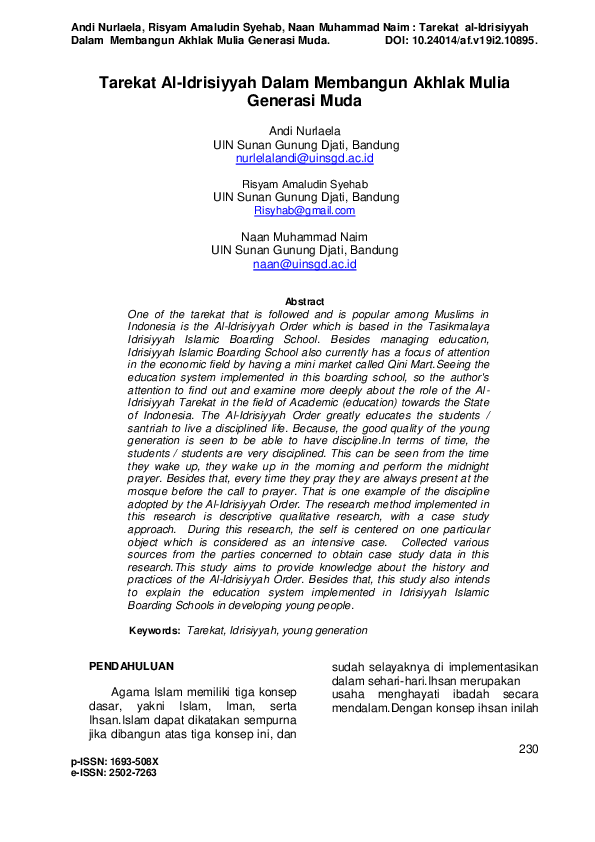 (PDF) Tarekat Al-Idrisiyyah Dalam Membangun Akhlak Mulia Generasi Muda