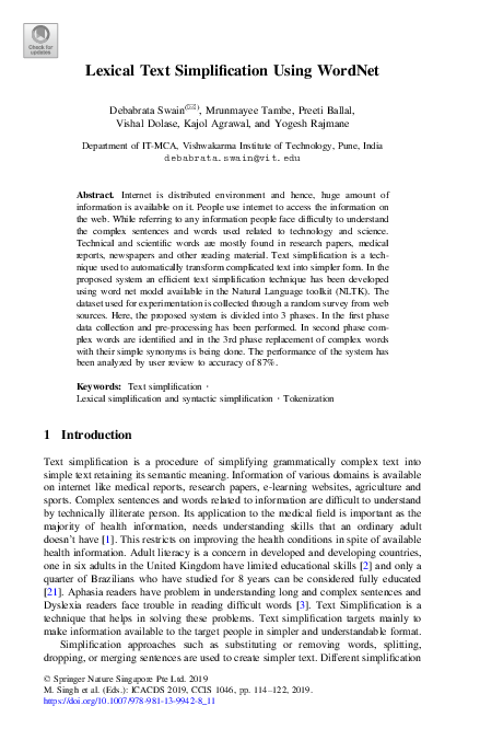 (PDF) Lexical Text Simplification Using WordNet