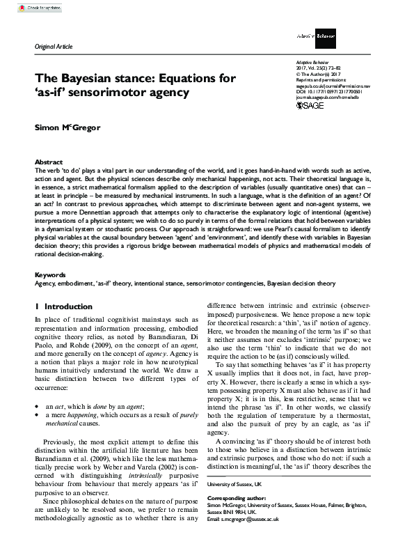 (PDF) The Bayesian stance: Equations for ‘as-if’ sensorimotor agency