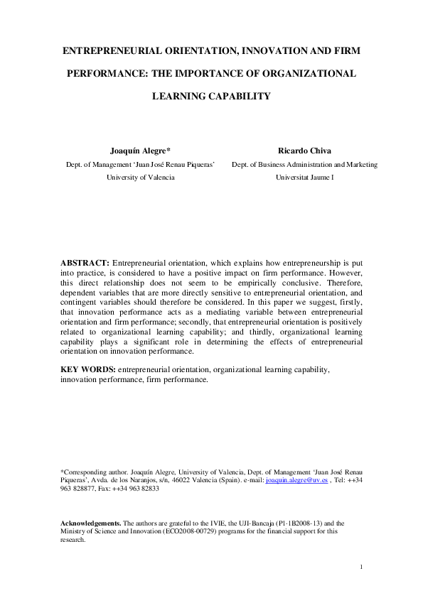 (PDF) Entrepreneurial Orientation , Innovation and Firm Performance ...