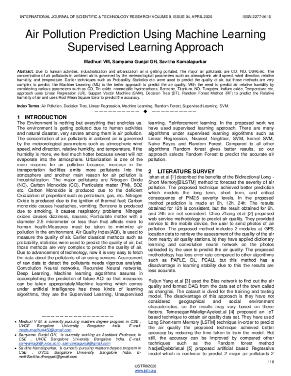 Pdf Air Pollution Prediction Using Machine Learning Supervised