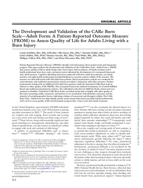 (PDF) The development and validation of the CARe Burn Scale - Adult Form: a Patient Reported ...