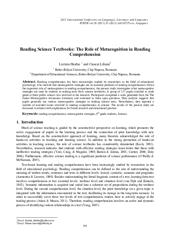 (PDF) The Role of Metacognition in Reading Comprehension