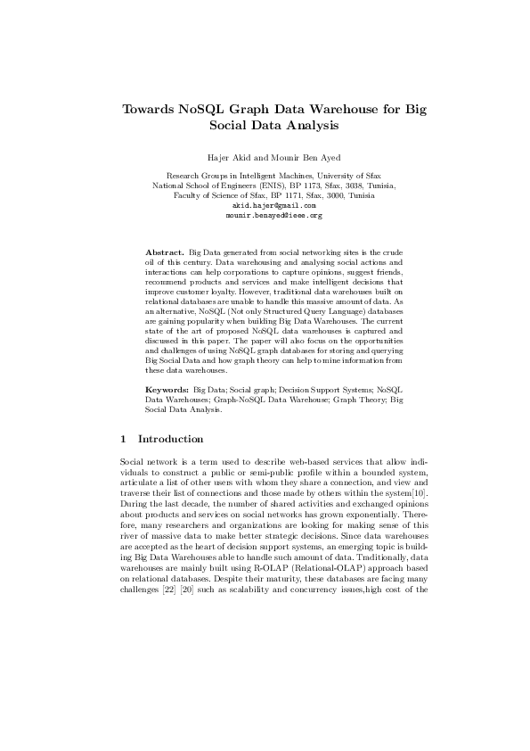 (PDF) Towards NoSQL Graph Data Warehouse for Big Social Data Analysis