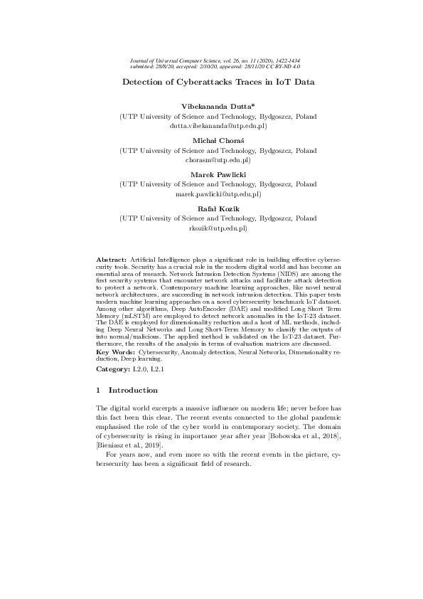 Pdf Detection Of Cyberattacks Traces In Iot Data