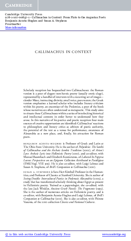 (PDF) Callimachus in Context: From Plato to the Augustan Poets