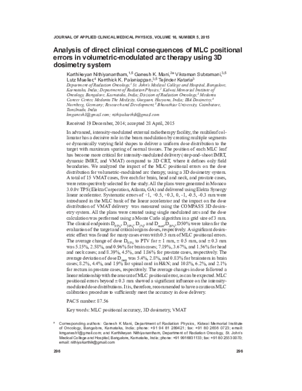 (PDF) Analysis of direct clinical consequences of MLC positional errors in volumetric-modulated ...