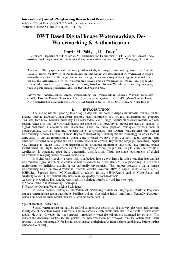(PDF) DCT Based Digital Image Watermarking, De- watermarking & Authentication