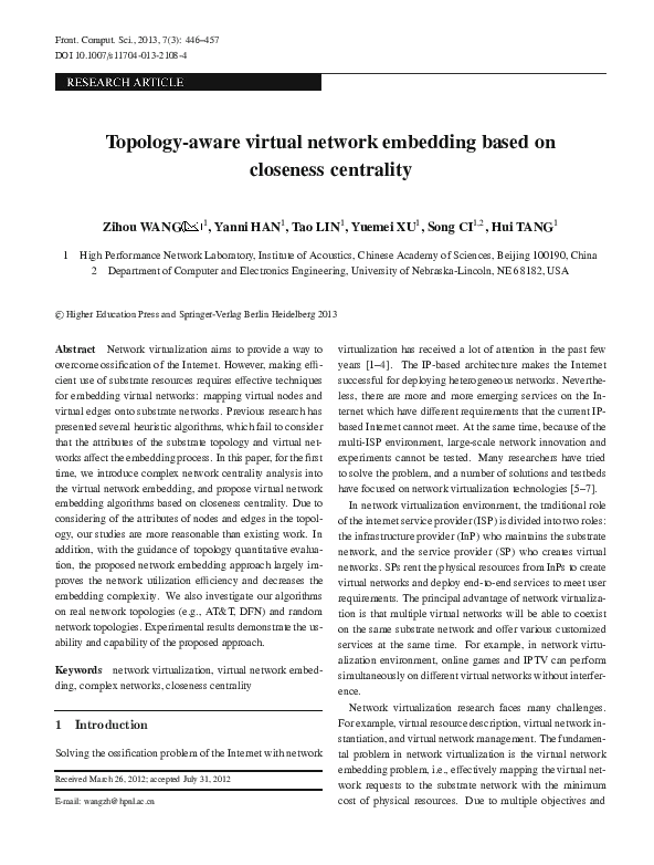 (PDF) Topology-aware virtual network embedding based on closeness centrality