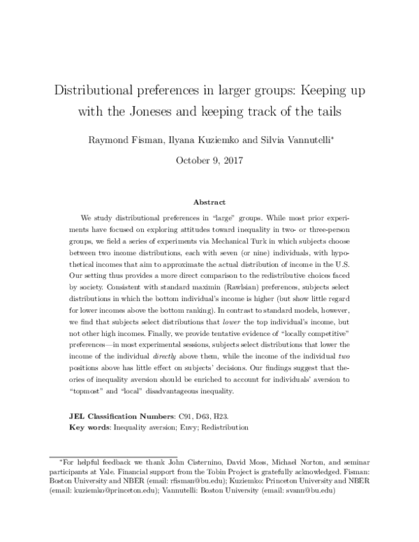 (PDF) Distributional Preferences in Larger Groups: Keeping up with the Joneses and Keeping Track ...