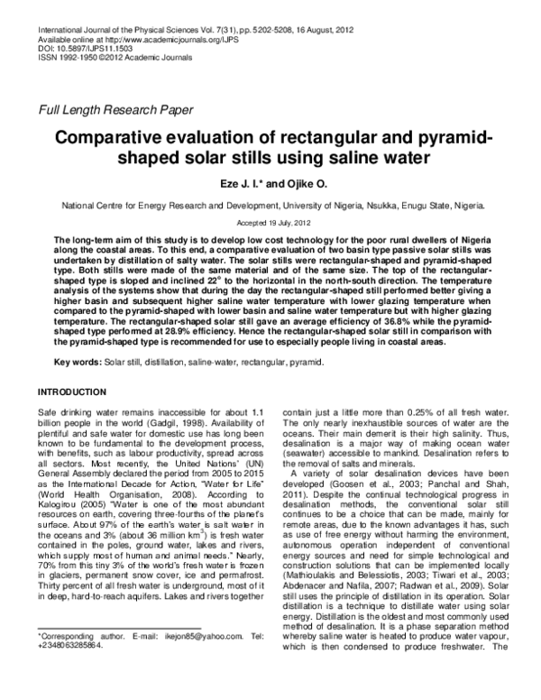 (PDF) Comparative evaluation of rectangular and pyramid-shaped solar stills using saline water