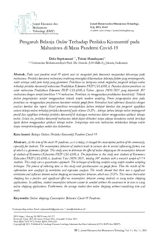 (PDF) Pengaruh Belanja Online Terhadap Perilaku Konsumtif pada Mahasiswa di Masa Pandemi Covid-19