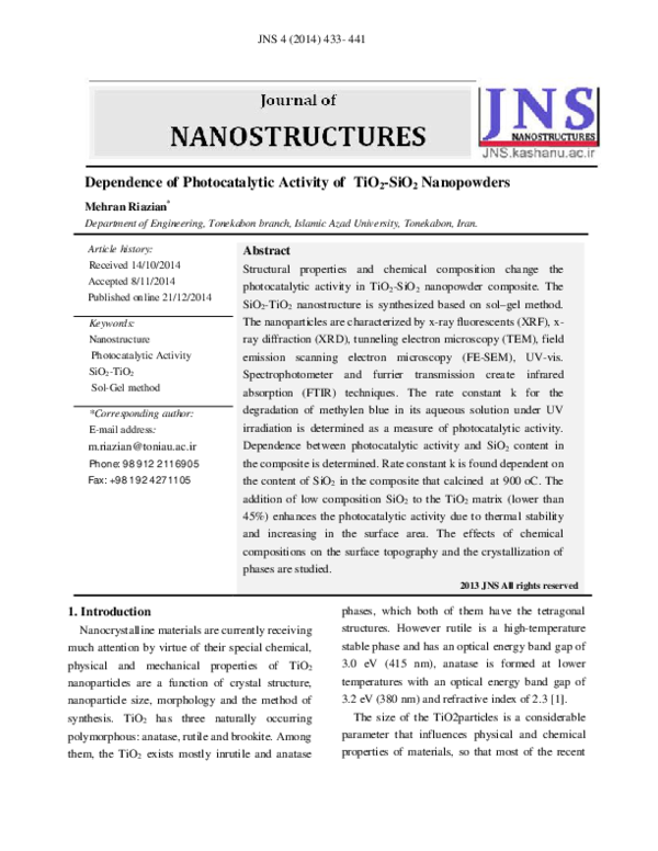 (PDF) Dependence of Photocatalytic Activity of TiO 2-SiO 2 Nanopowders