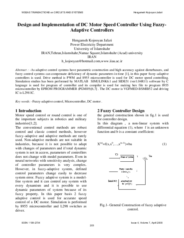 (PDF) Design and implementation of DC motor speed controller using fuzzy-adaptive controllers