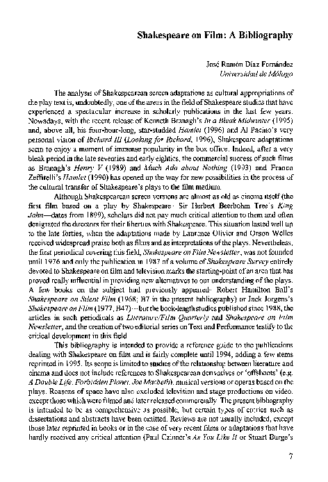 (PDF) Shakespeare on film: a bibliography