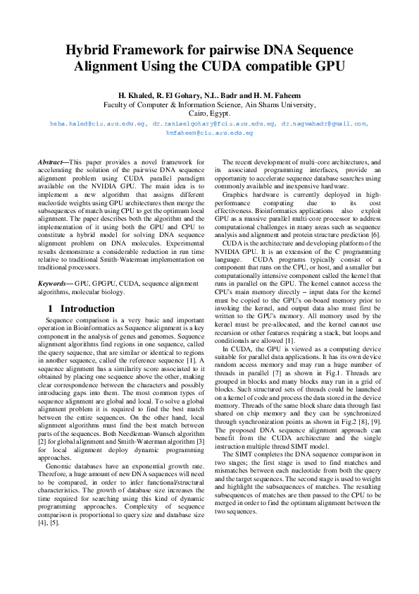 (PDF) Hybrid Framework for pairwise DNA Sequence Alignment Using the CUDA compatible GPU