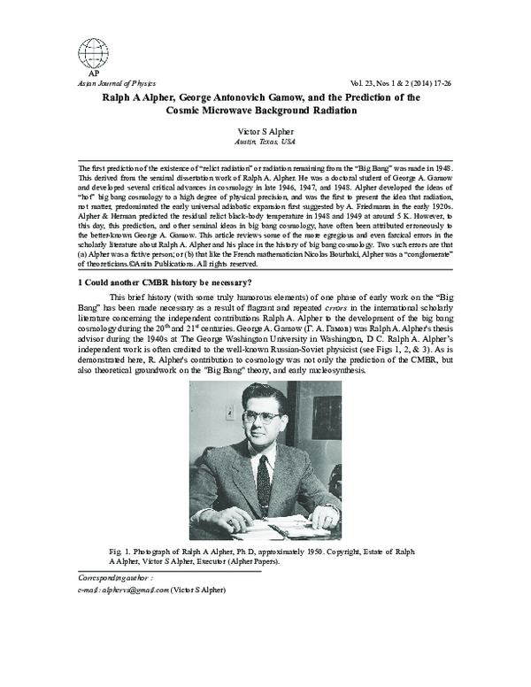 (PDF) Ralph A. Alpher, George Antonovich Gamow, and the Prediction of ...