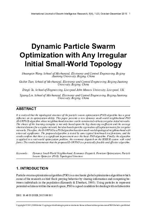 Pdf Dynamic Particle Swarm Optimization With Any Irregular Initial Small World Topology 1792