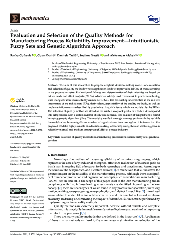 (PDF) Evaluation and Selection of the Quality Methods for Manufacturing Process Reliability ...