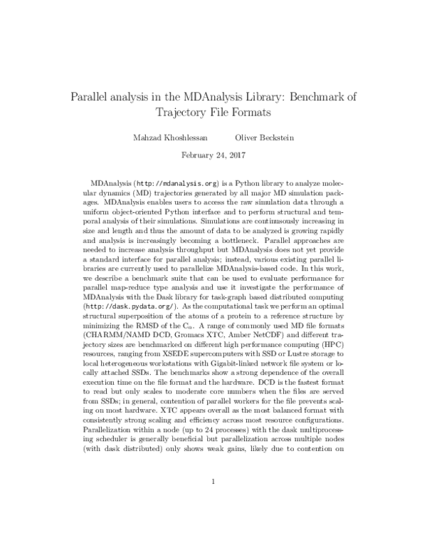 (PDF) Parallel analysis in the MDAnalysis Library: Benchmark of Trajectory File Formats