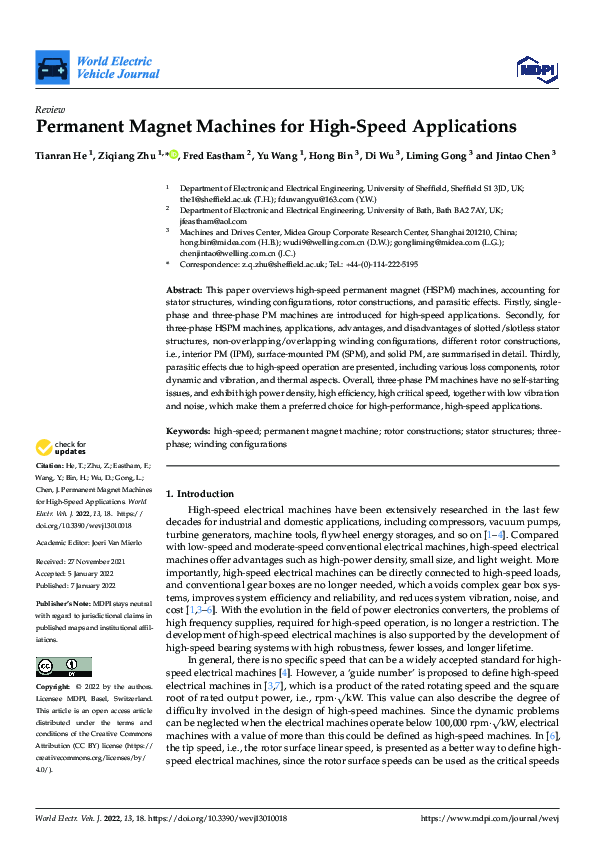 (PDF) Permanent Magnet Machines for High-Speed Applications