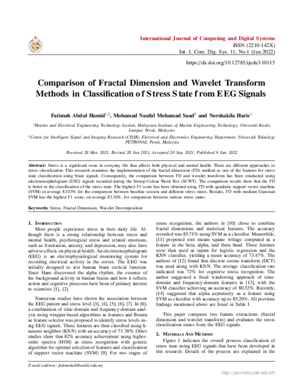 (PDF) Comparison of Fractal Dimension and Wavelet Transform Methods in Classification of Stress ...