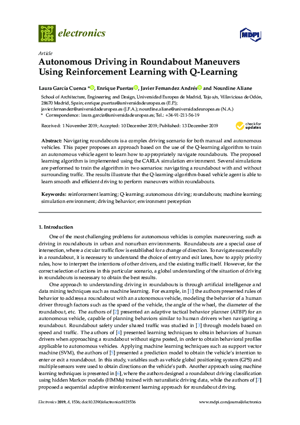 (PDF) Autonomous Driving in Roundabout Maneuvers Using Reinforcement ...