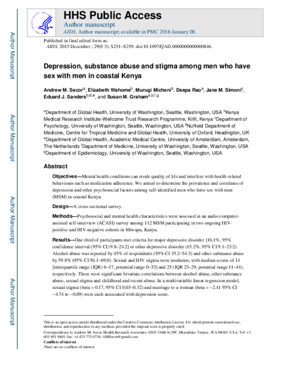 (PDF) Depression, substance abuse and stigma among men who have sex ...