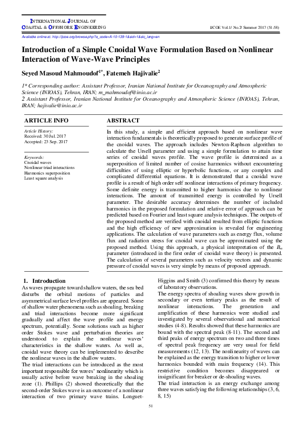 (PDF) Introduction of a Simple Cnoidal Wave Formulation Based on Nonlinear Interaction of Wave ...