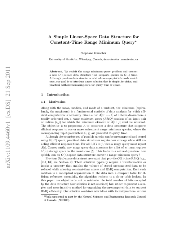 (PDF) A Simple Linear-Space Data Structure for Constant-Time Range Minimum Query