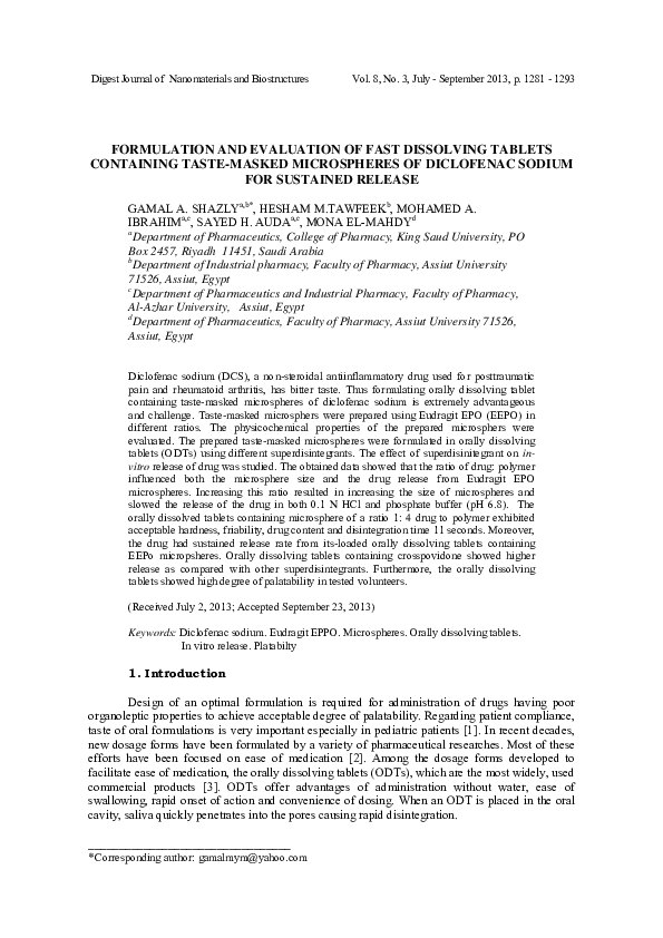Pdf Formulation And Evaluation Of Fast Dissolving Tablets Containing Taste Masked Microspheres