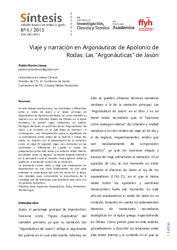 (PDF) Viaje y narración en Argonáuticas de Apolonio de Rodas: Las ...