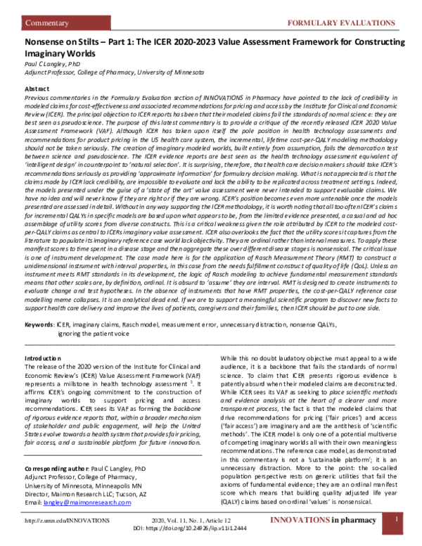 (PDF) Nonsense on Stilts – Part 1: The ICER 2020-2023 Value Assessment Framework for ...
