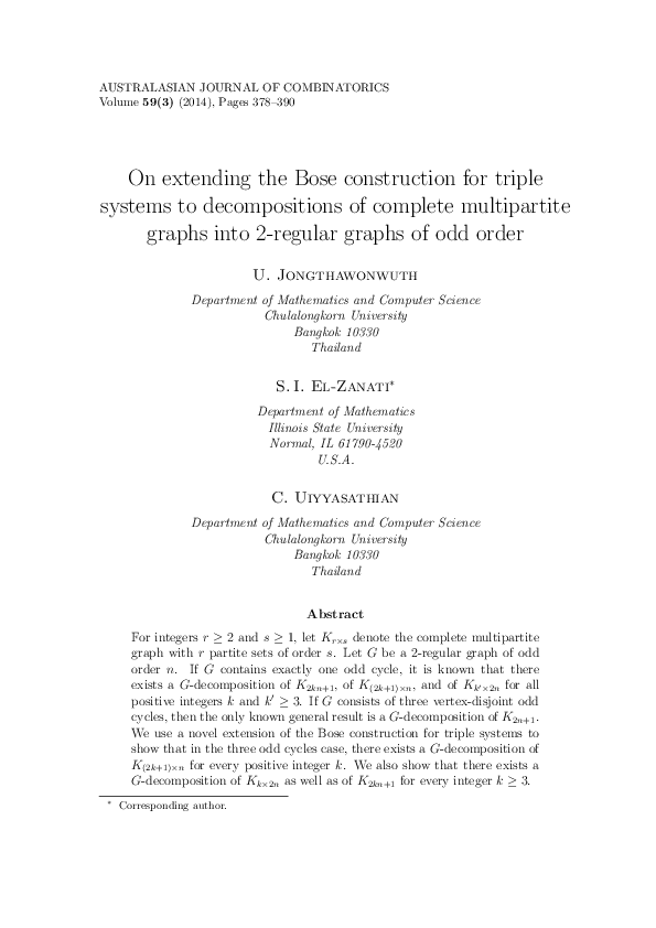 (PDF) On extending the Bose construction for triple systems to decompositions of complete ...