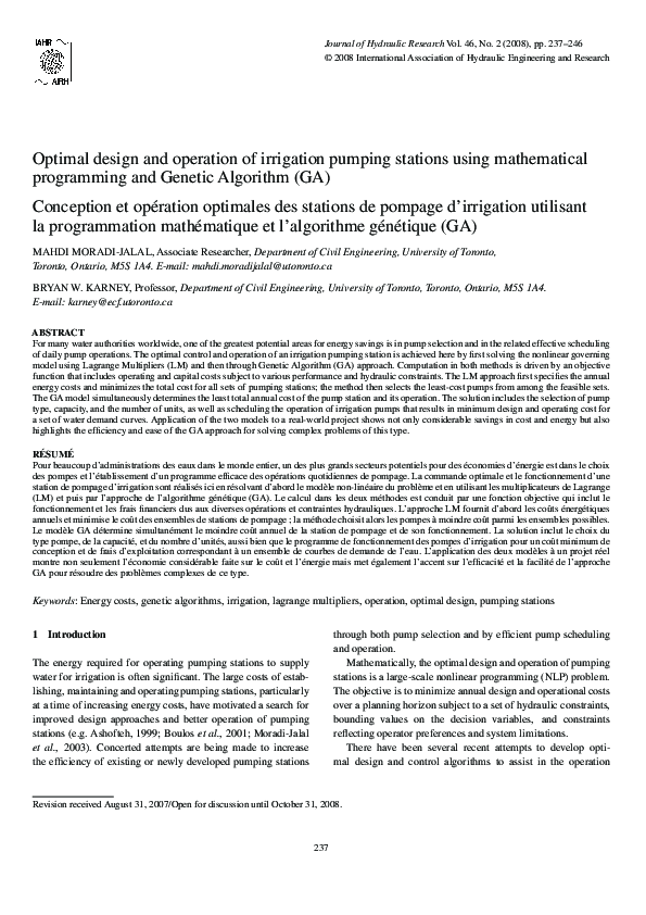(PDF) Optimal design and operation of irrigation pumping stations using mathematical programming ...