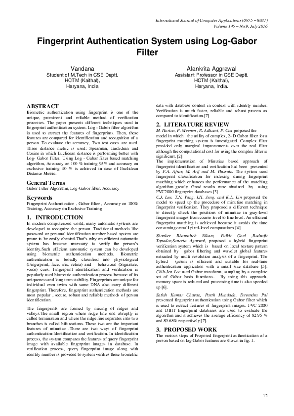 Pdf Fingerprint Authentication System Using Log Gabor Filter