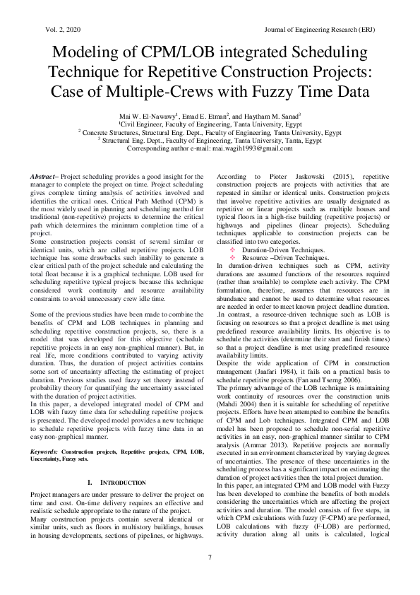 (PDF) Modeling of CPM/LOB integrated Scheduling Technique for Repetitive Construction Projects ...