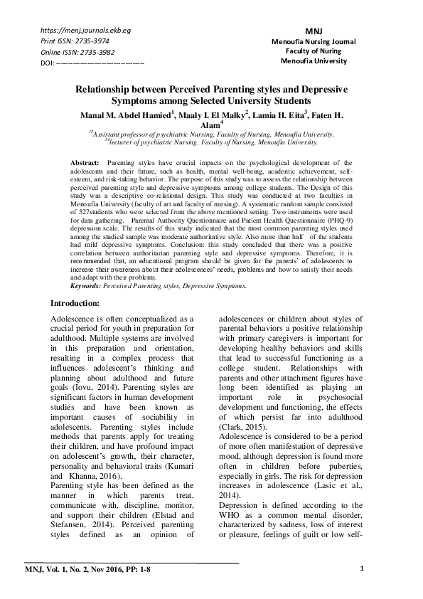(PDF) Relationship between Perceived Parenting styles and Depressive Symptoms among Selected ...