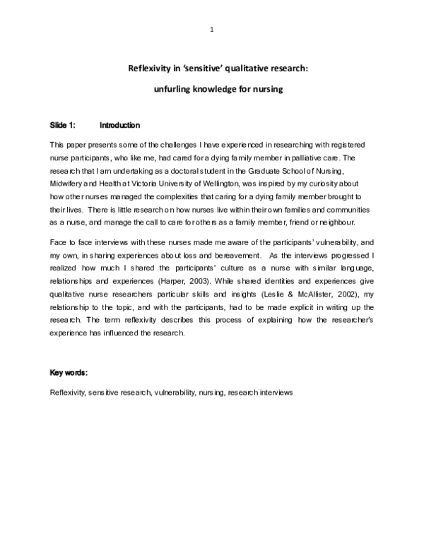 (PDF) Reflexivity in 'sensitive' qualitative research: Unfurling ...