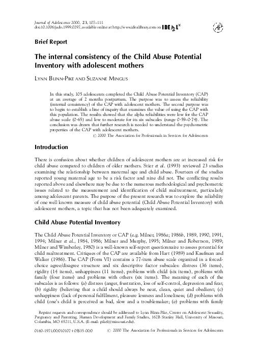 (PDF) The internal consistency of the Child Abuse Potential Inventory ...