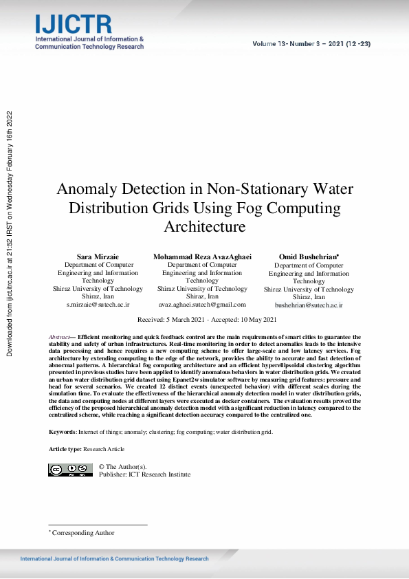 Pdf Anomaly Detection In Non Stationary Water Distribution Grids Using Fog Computing Architecture
