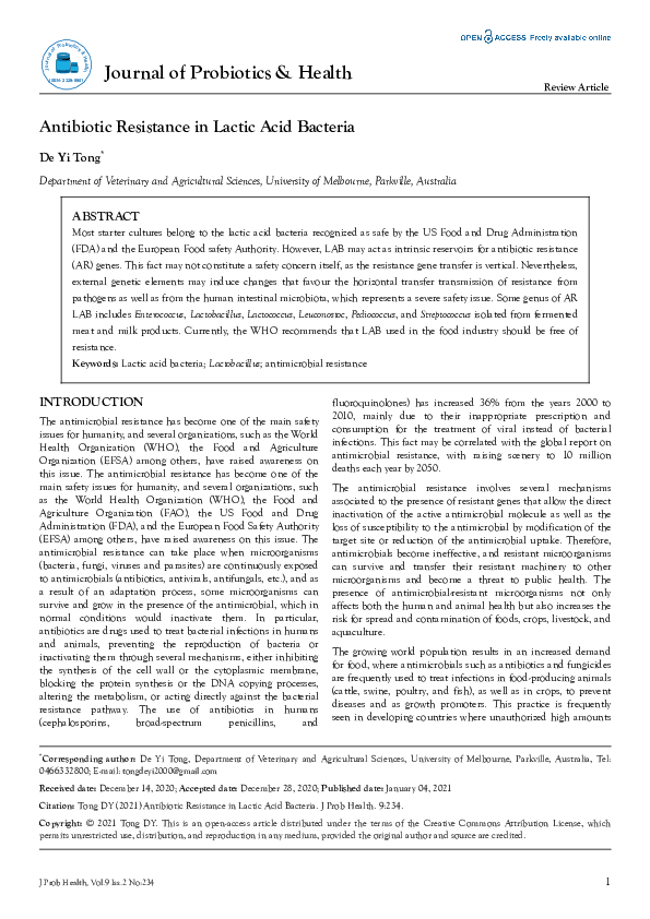(PDF) Antibiotic Resistance in Lactic Acid Bacteria