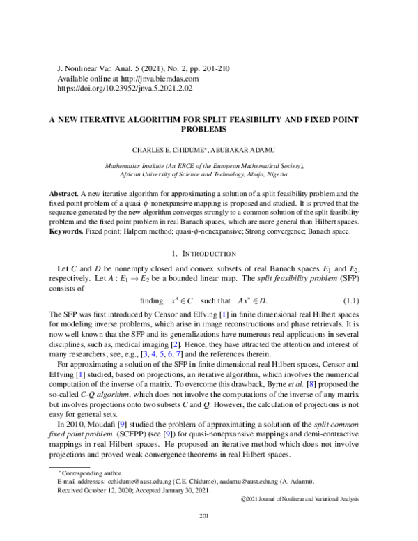 (PDF) A new iterative algorithm for split feasibility and fixed point problems