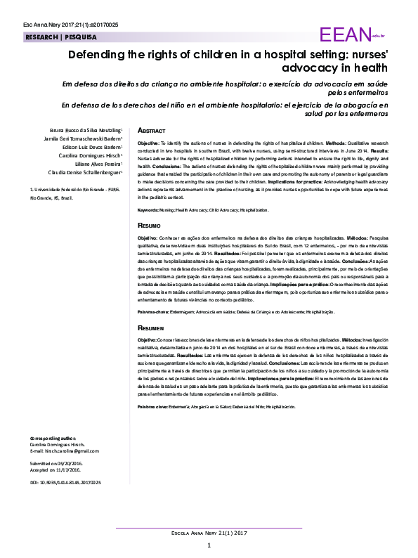 (PDF) Defending the rights of children in a hospital setting: nurses ...
