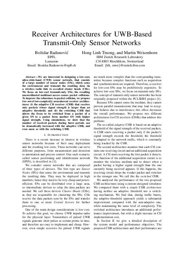 (PDF) Receiver architectures for UWB-based transmit-only sensor networks