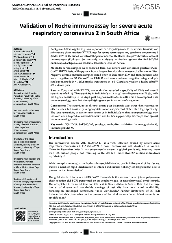 (PDF) Validation of Roche immunoassay for severe acute respiratory ...