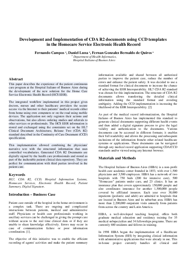(PDF) Development and Implementation of CDA R 2 documents using CCD ...